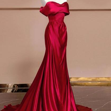 Bold Red Satin Evening Dress With Off-shoulder Design on Luulla
