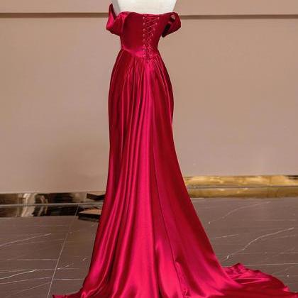 Bold Red Satin Evening Dress With Off-shoulder Design on Luulla