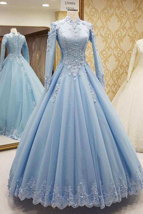High Neck Blue Formal Evening Dress With Long Sleeves on Luulla