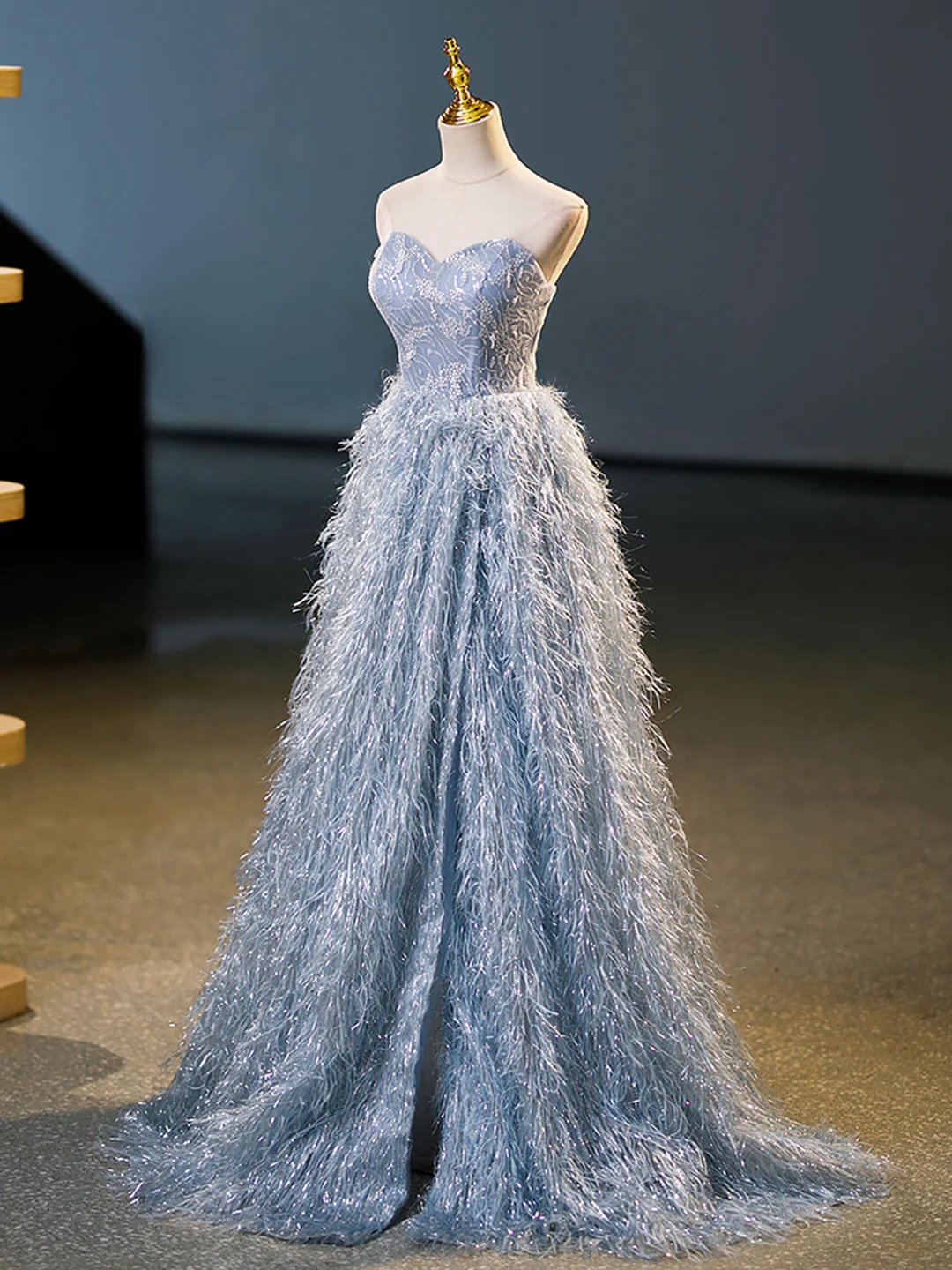 Icy Blue Strapless Gown With Ethereal Feathered Tulle Skirt on Luulla