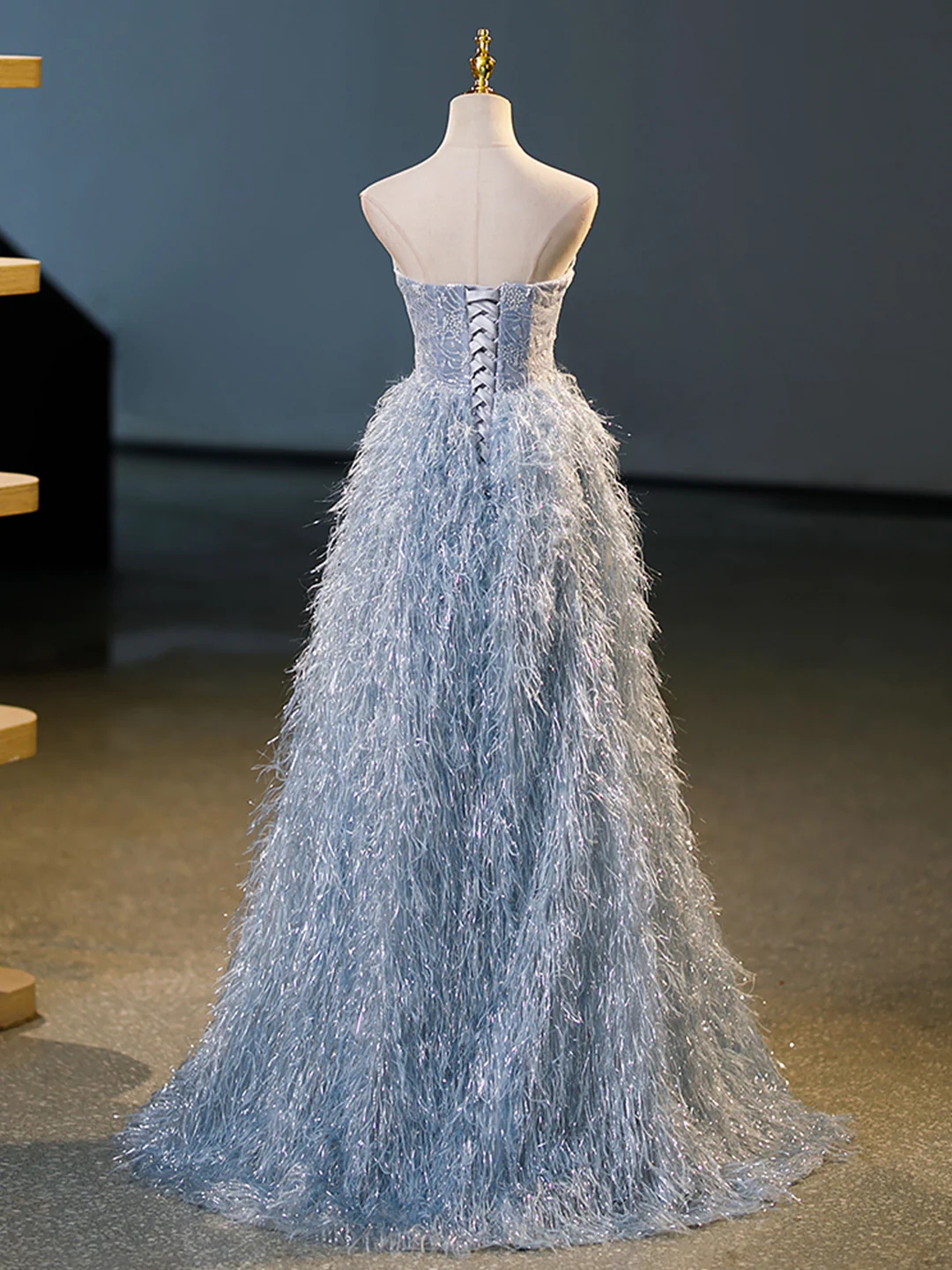 Icy Blue Strapless Gown With Ethereal Feathered Tulle Skirt on Luulla
