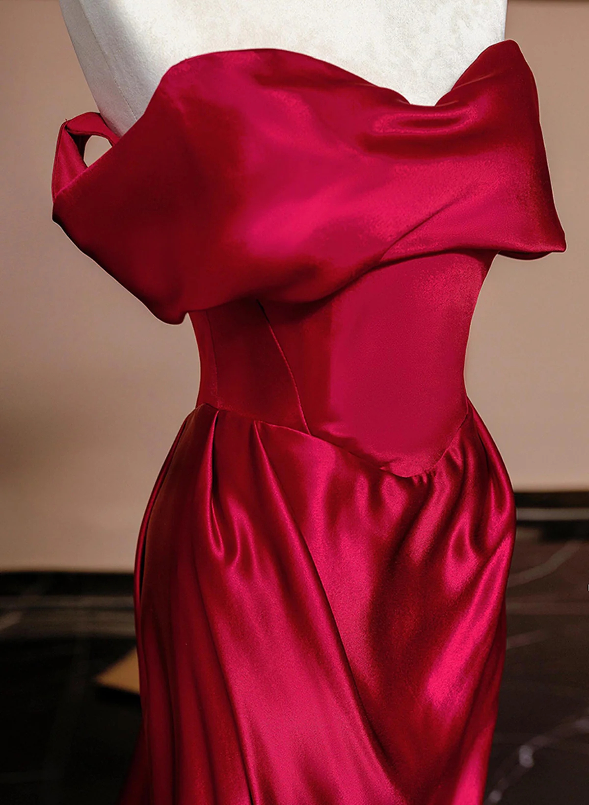 Bold Red Satin Evening Dress With Off-shoulder Design on Luulla