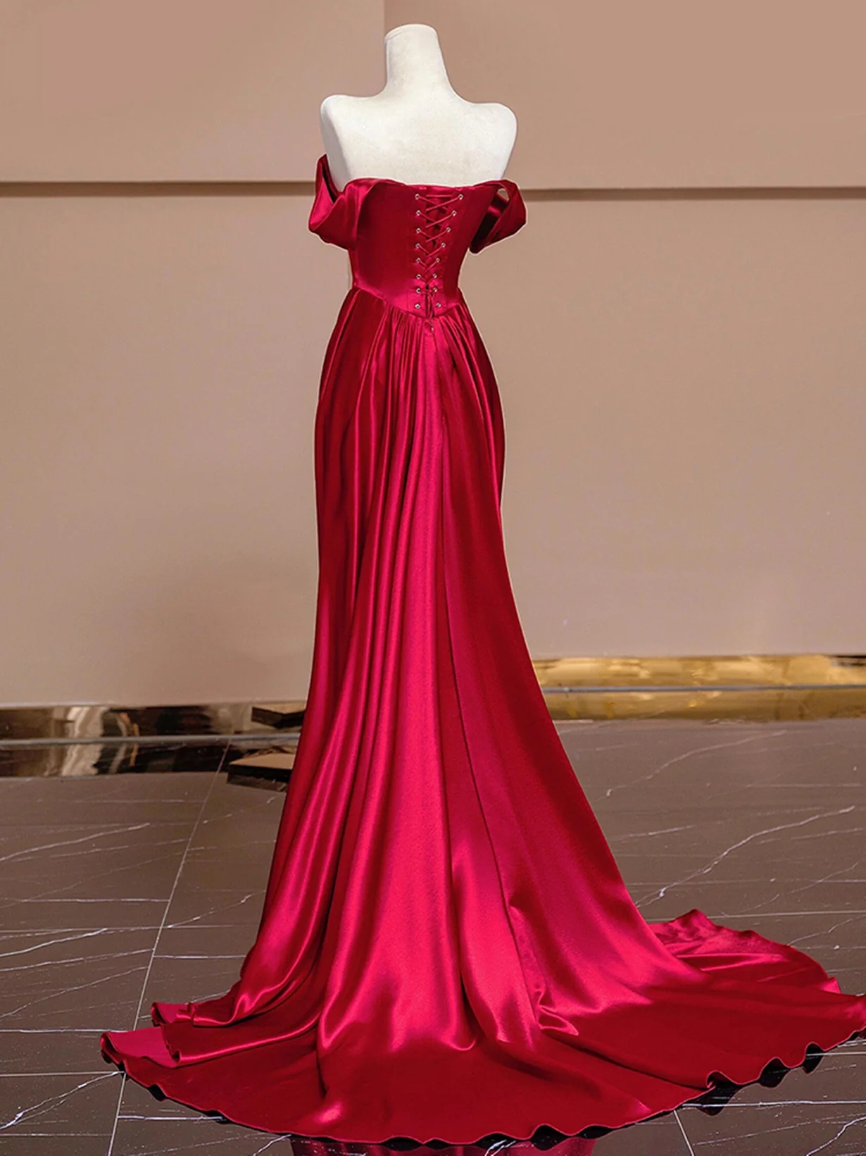 Bold Red Satin Evening Dress With Off-shoulder Design on Luulla