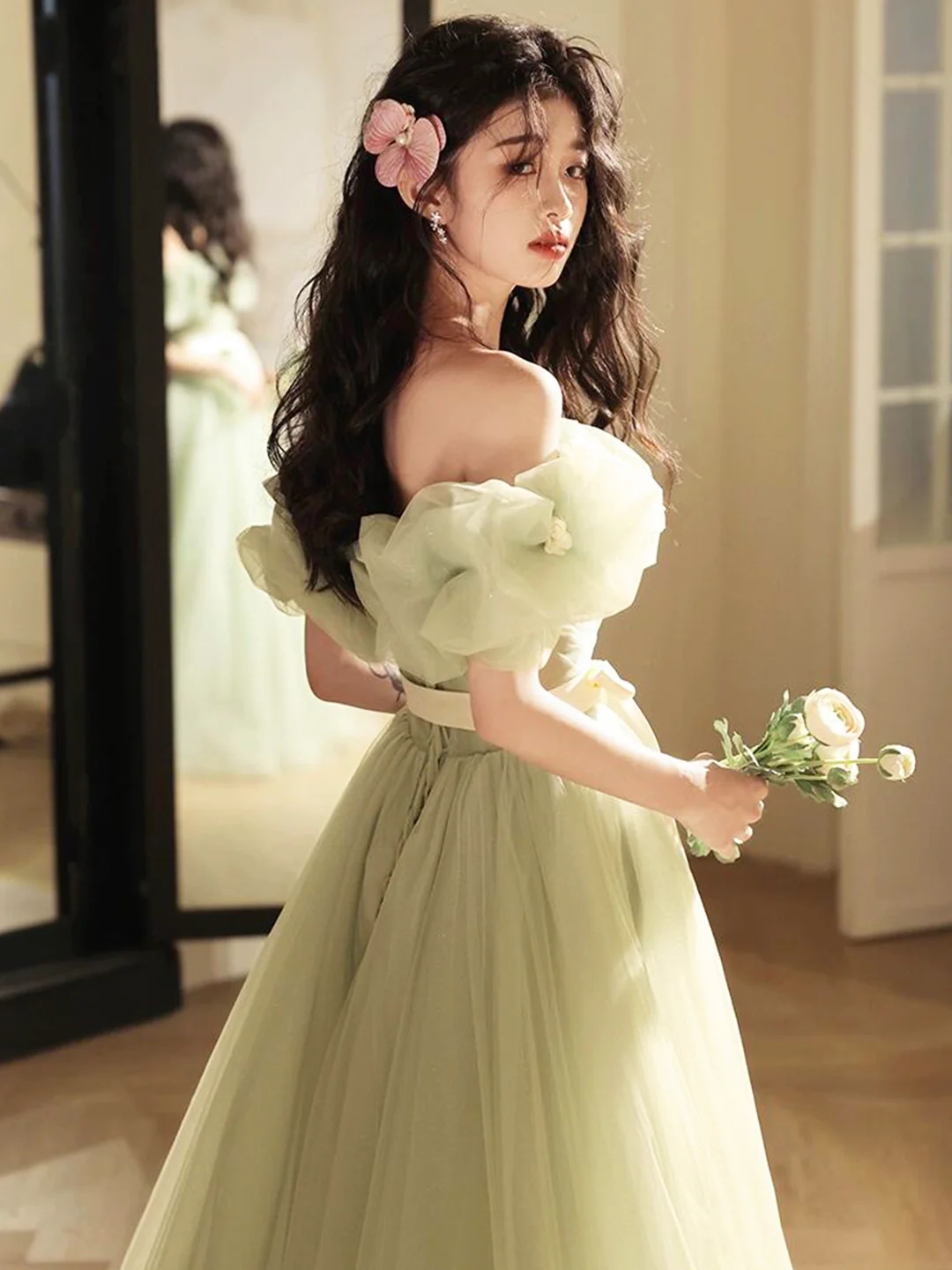 Ethereal Off-shoulder Sage Green Gown With Flowing Tulle Ethereal Off-shoulder Sage Green Gown With Flowing Tulle