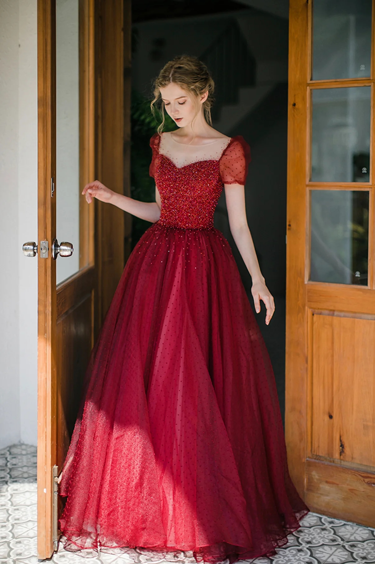Sparkling Red Gown With Beaded Bodice And Tulle on Luulla