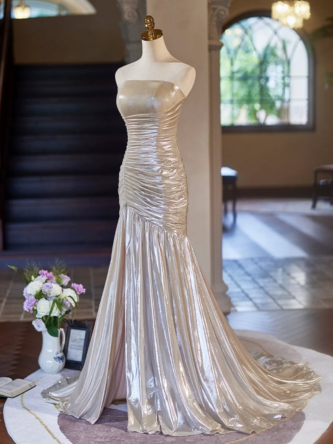 Silver Mermaid Prom Dress With Ruched Bodice And Satin Train, Prom ...