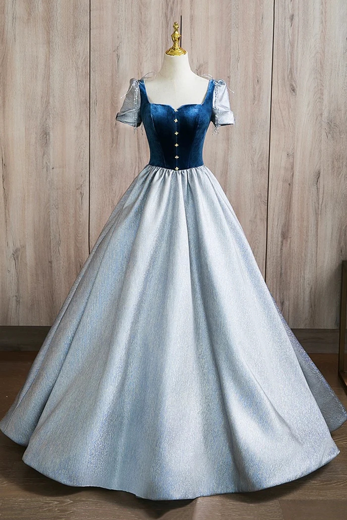Regal Blue And Silver Satin Corset Prom Dress With Sheer Sleeves, Prom ...