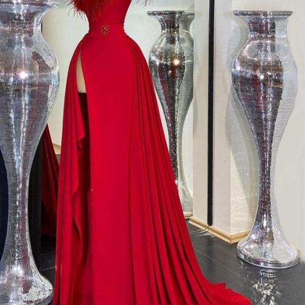 Simple One Shoulder Red Prom Dresses, Feather Prom Dresses on Luulla
