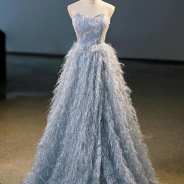 Icy Blue Strapless Gown With Ethereal Feathered Tulle Skirt on Luulla
