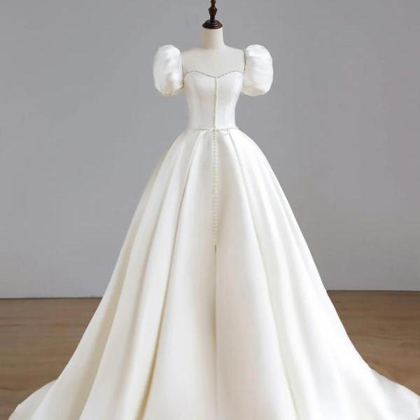 Elegant Puff Sleeve Satin Ball Gown Wedding Dress on Luulla