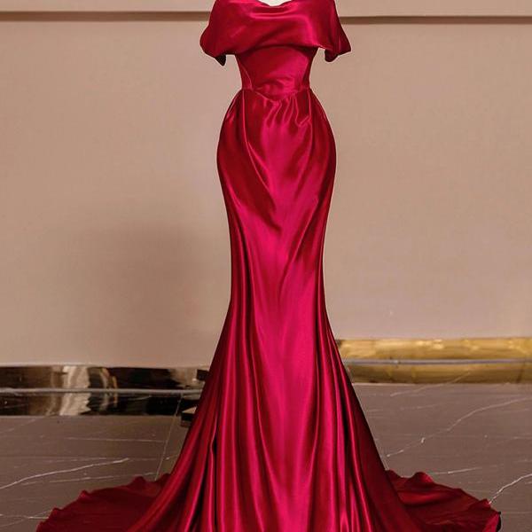 Bold Red Satin Evening Dress With Off-shoulder Design on Luulla