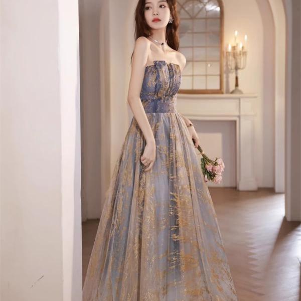 Charming Floor Length A-line Blue Gradient Tulle Long Party Dresses on ...