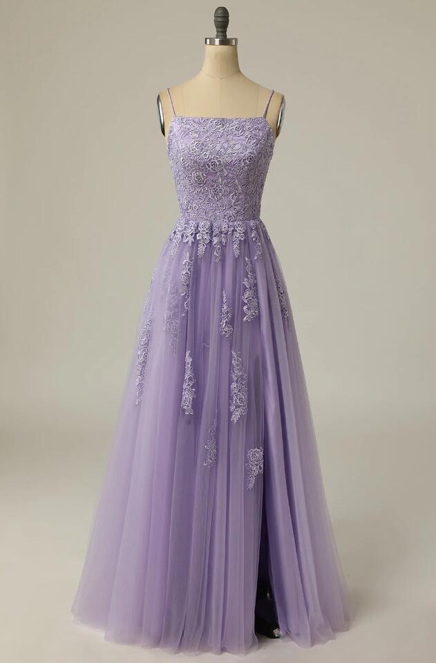 A Line Strapless Purple Long Prom Dress With Lace Appliques on Luulla
