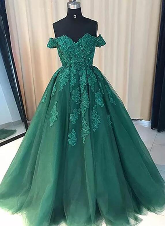 Modest A Line Green Lace Prom Dress on Luulla