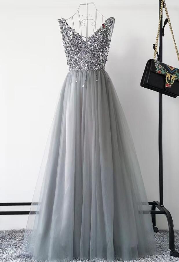 Luxury A Line V-neck Evening Dress,gray Sexy Prom Dress on Luulla