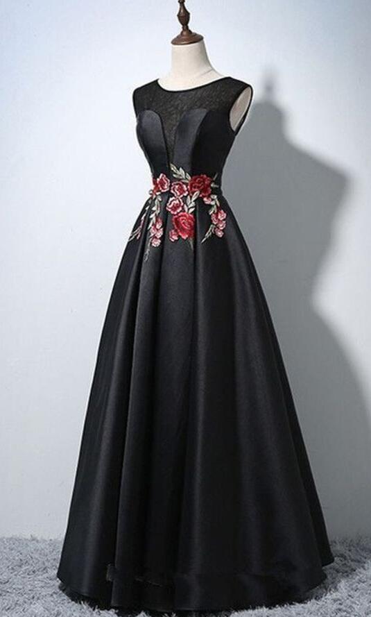 Floor Length Black Satin Long Formal Prom Dress on Luulla