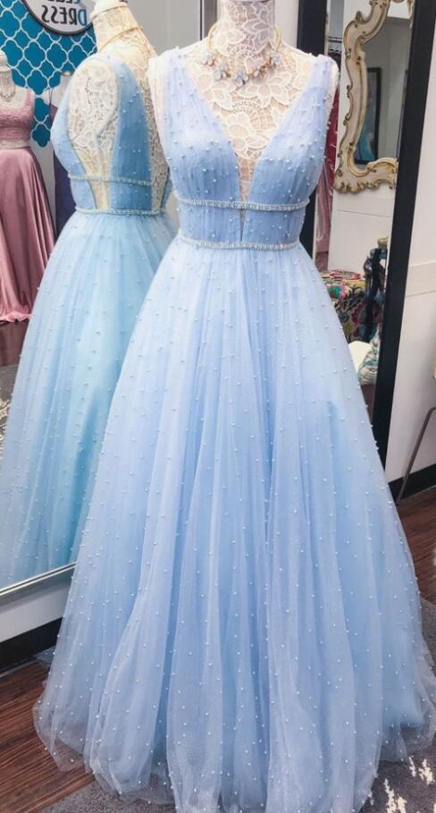 Sky Blue Long Prom Dress With Pearls on Luulla