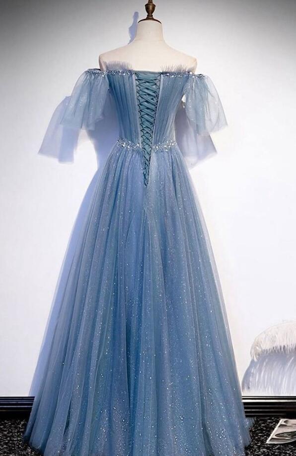 Off The Shoulder Ruffles Sleeves Crystals Shiny Tulle Prom Dress on Luulla