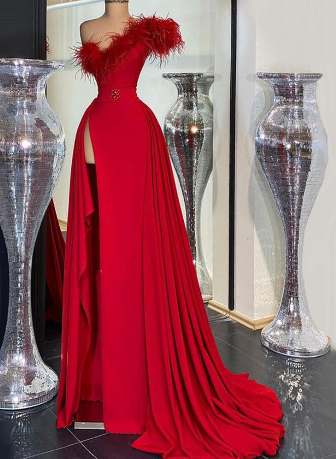 Simple One Shoulder Red Prom Dresses, Feather Prom Dresses on Luulla