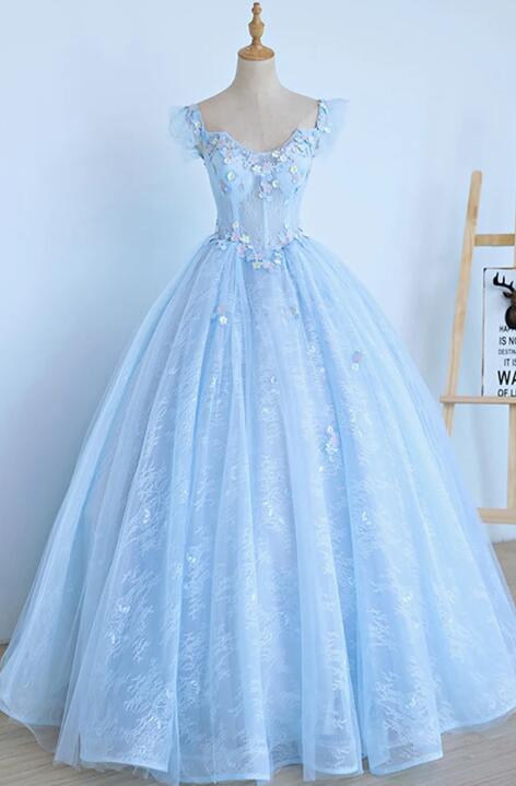 A Line Light Blue Lace Sweet 16 Prom Dress on Luulla