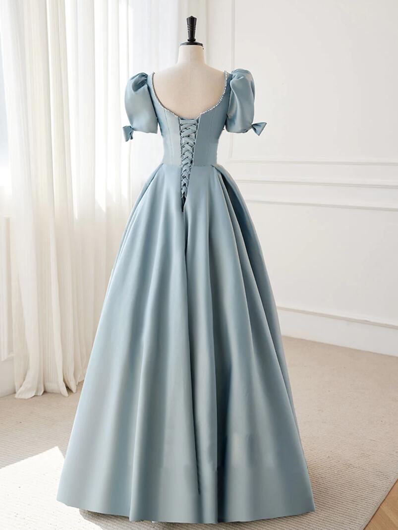 A-line Blue Satin Long Prom Dresses on Luulla