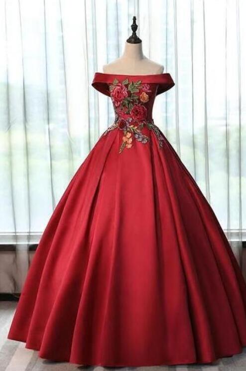 Off Shoulder Ball Gown Stain Wine Red Long Party Dresses on Luulla