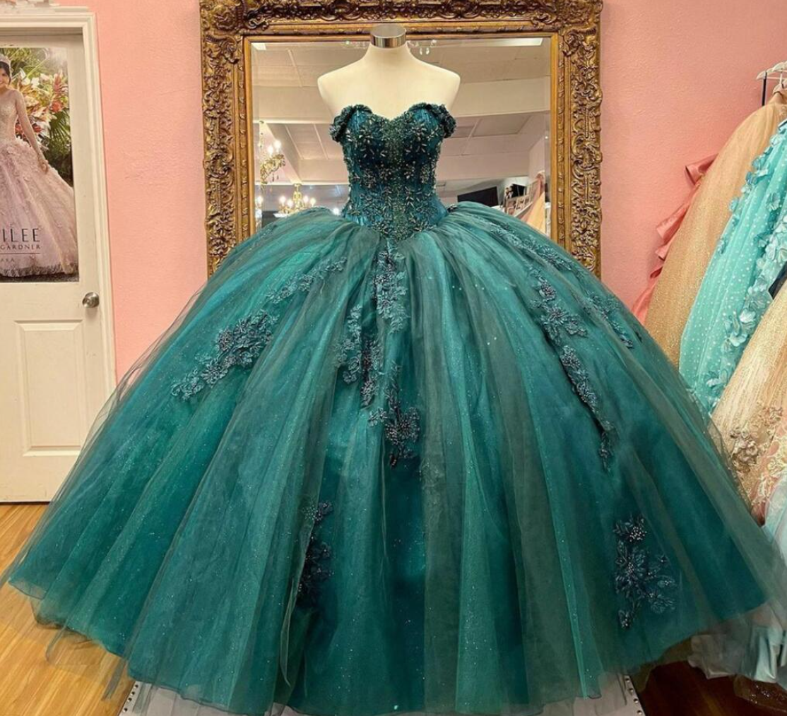Charming Off Shoulder Green Ball Gown Prom Dress With Lace on Luulla