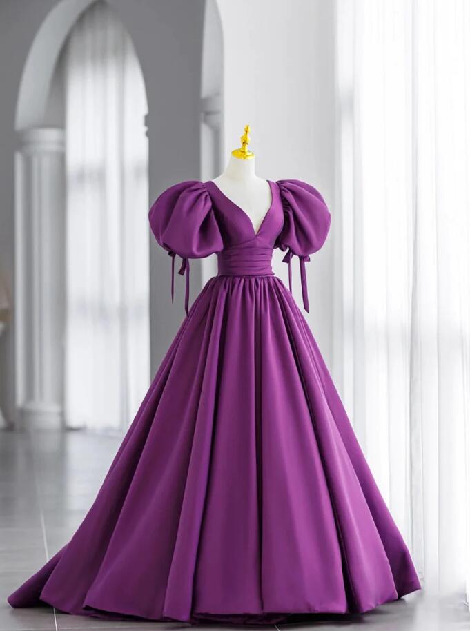Simple Puffy Sleeves V Neck Satin Long Prom Dresses on Luulla