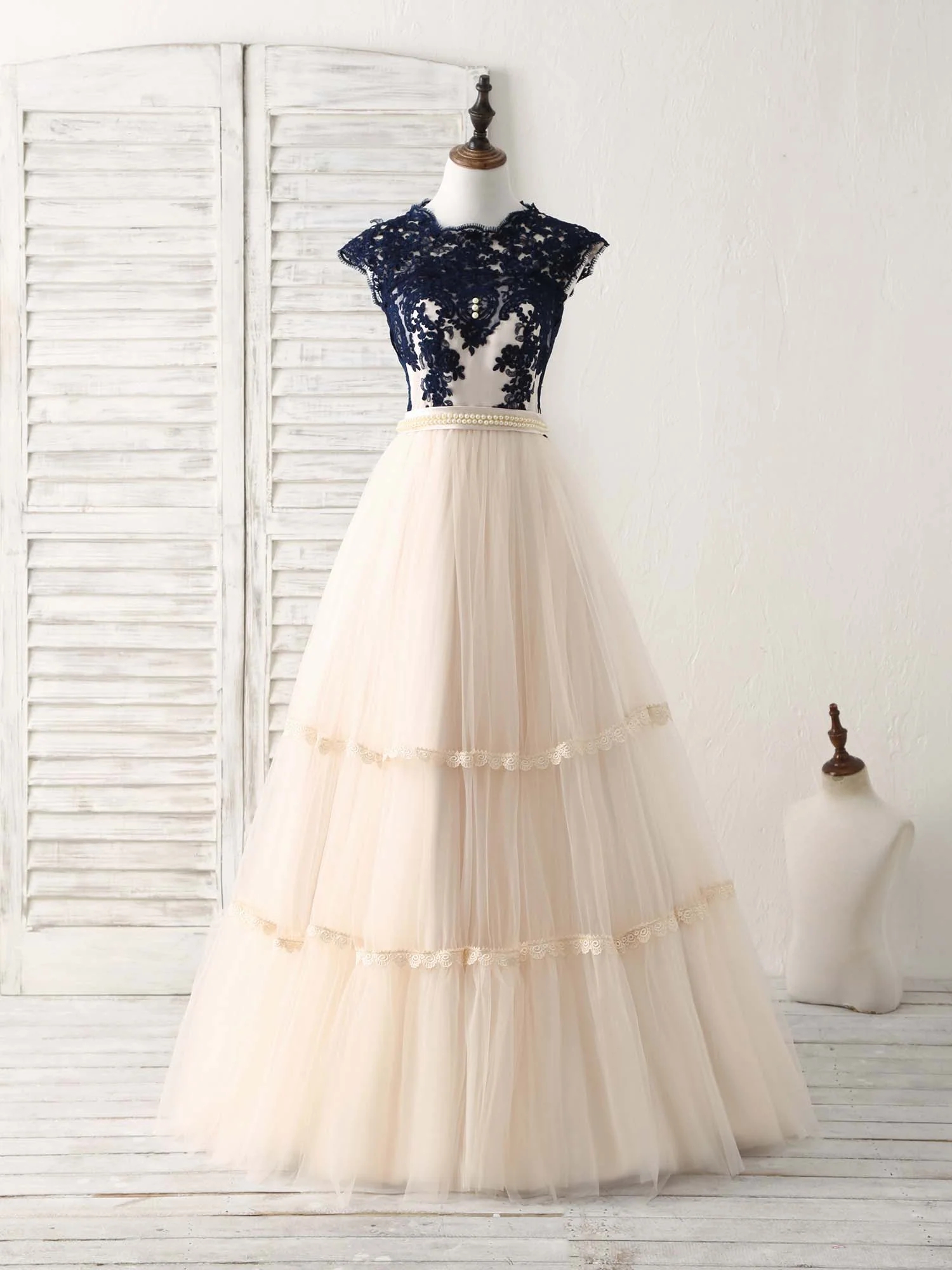 Elegant A Line Tulle Navy Blue Lace Applique Long Prom Dresses on Luulla