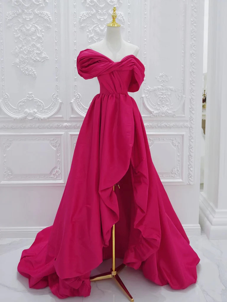 Off Shoulder Satin Rose Red Long Prom Evening Dresses on Luulla