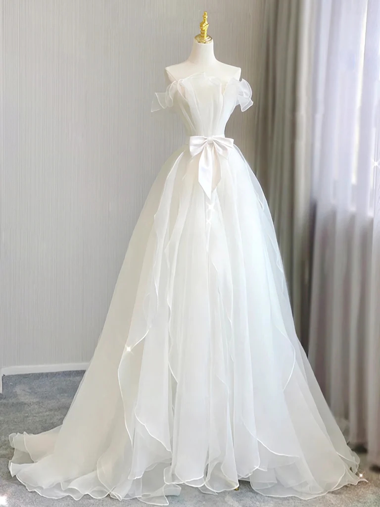 Simple A-line White Organza Long Prom Dresses on Luulla