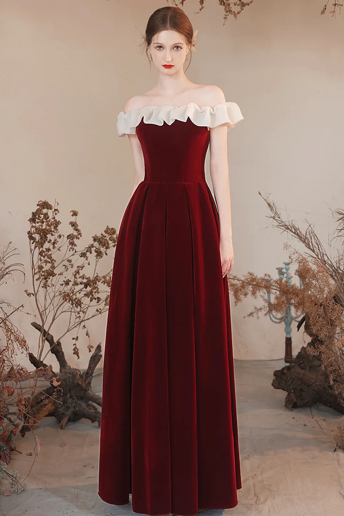A Line Off Shoulder Long Burgundy Velvet Prom Dresses on Luulla