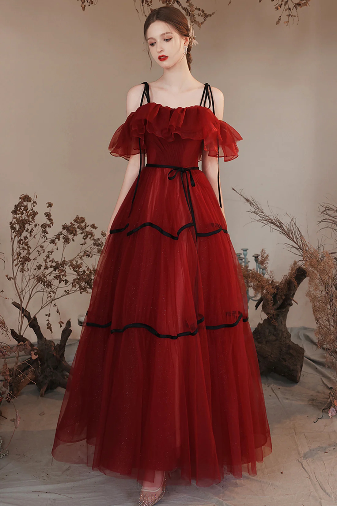 Romantic Red Off-shoulder Ruffled Evening Gown on Luulla