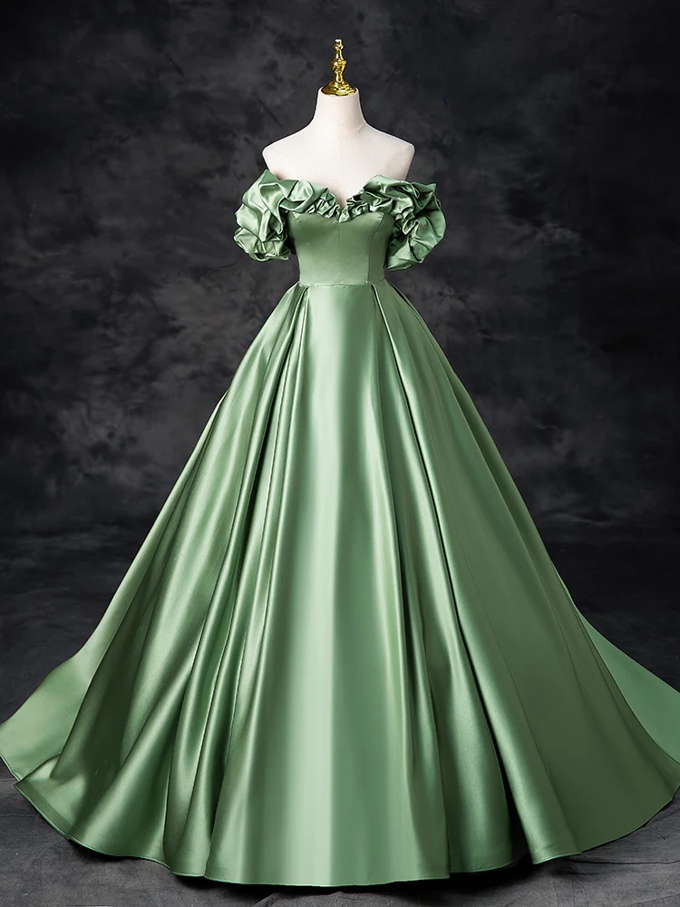 Majestic Sage Green Satin Ball Gown With Puffed Sleeves on Luulla