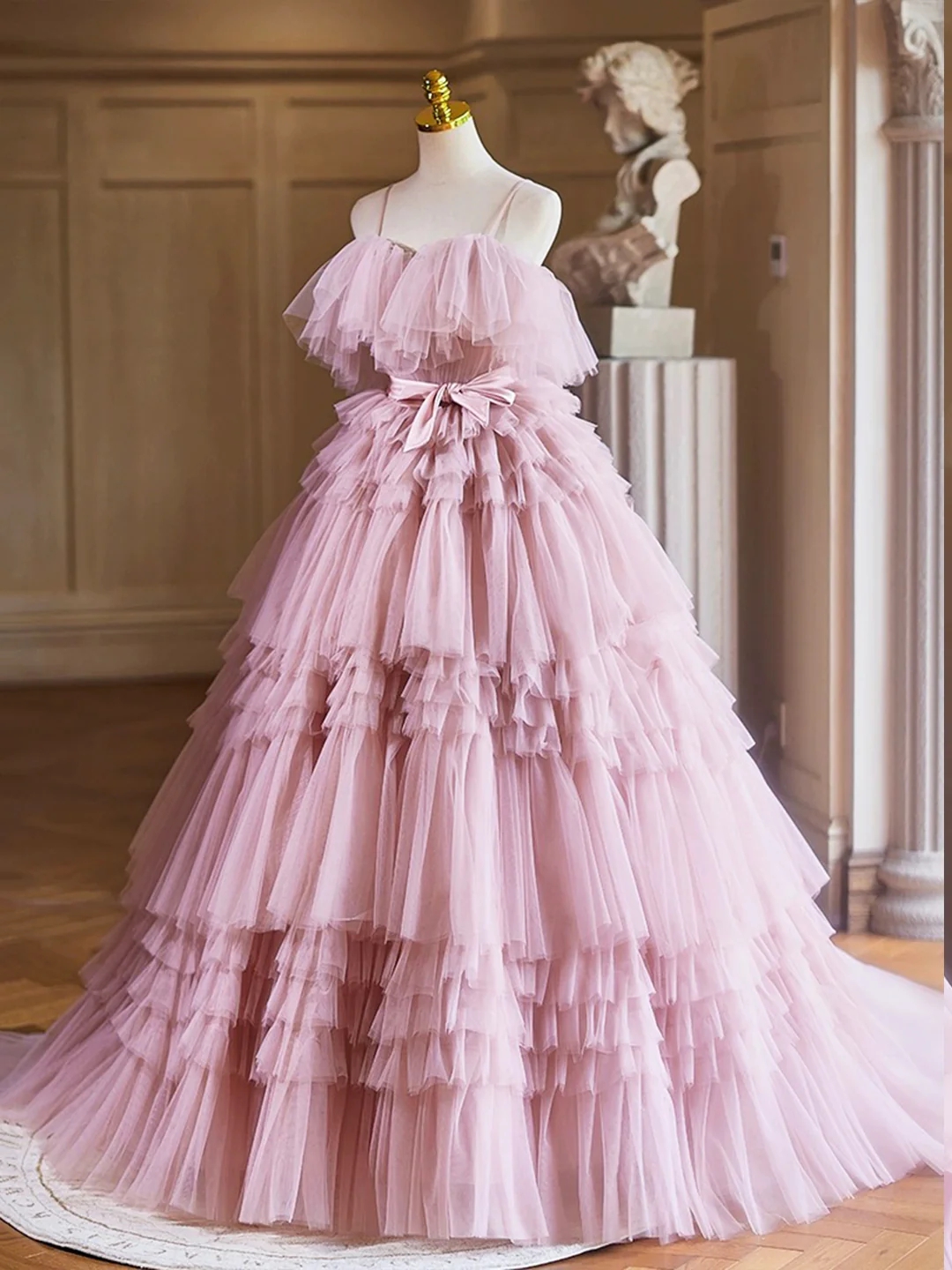 Blush Pink Layered Tulle Ball Gown With Bow Detail on Luulla