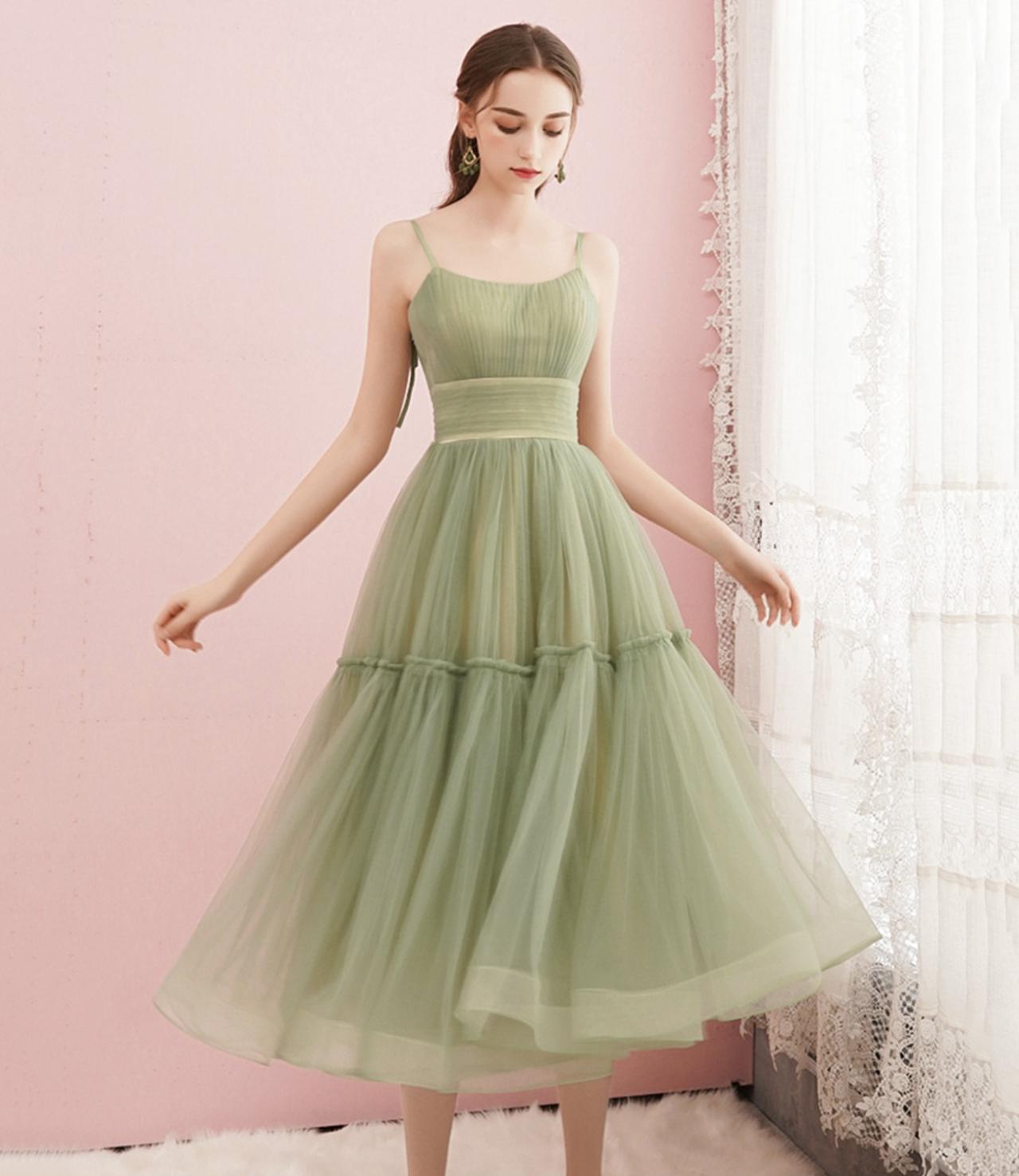 Straps Tea Length Tulle Formal Evening Dress on Luulla