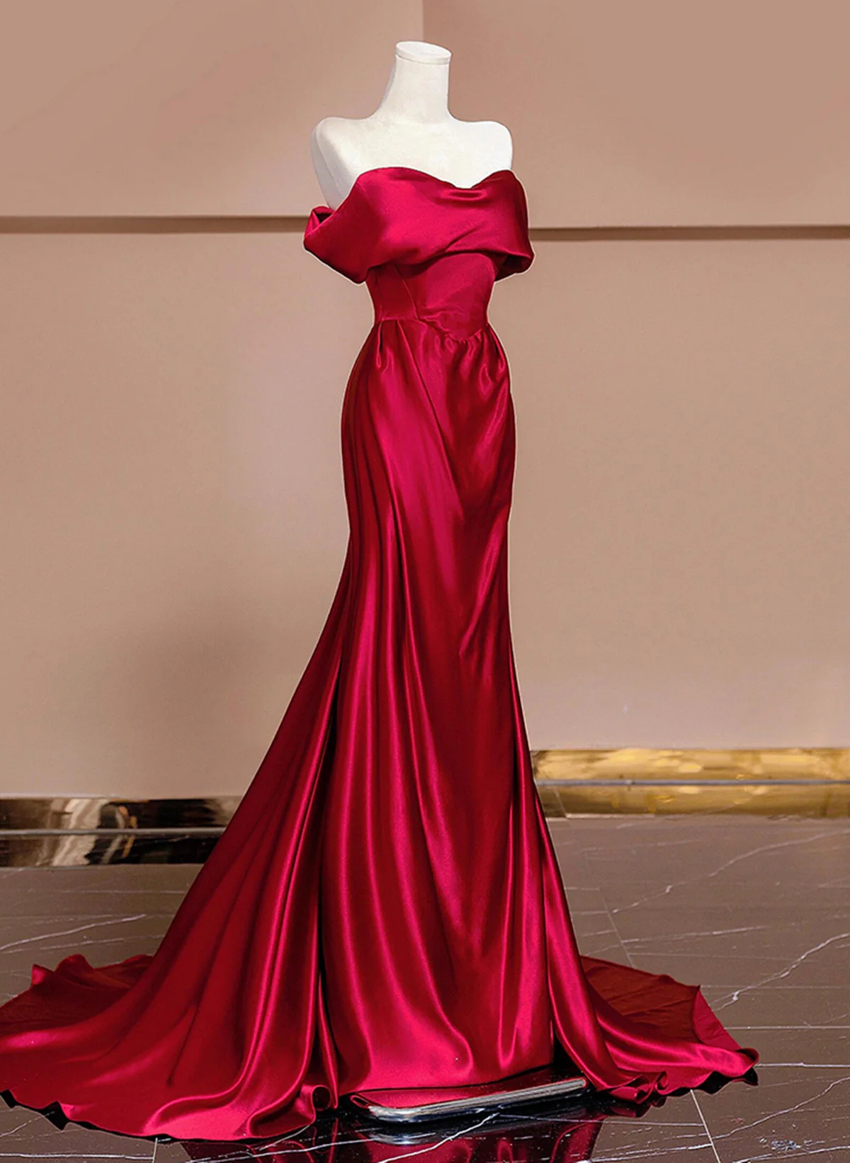 Bold Red Satin Evening Dress With Off-shoulder Design on Luulla