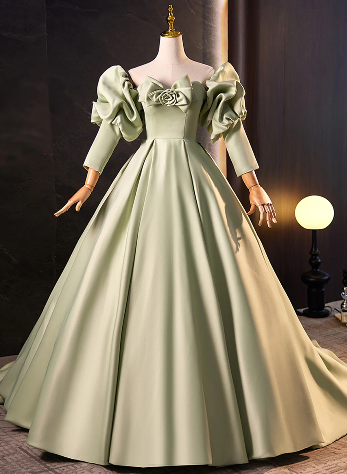 Regal Sage Green Ball Gown With Dramatic Sleeves on Luulla