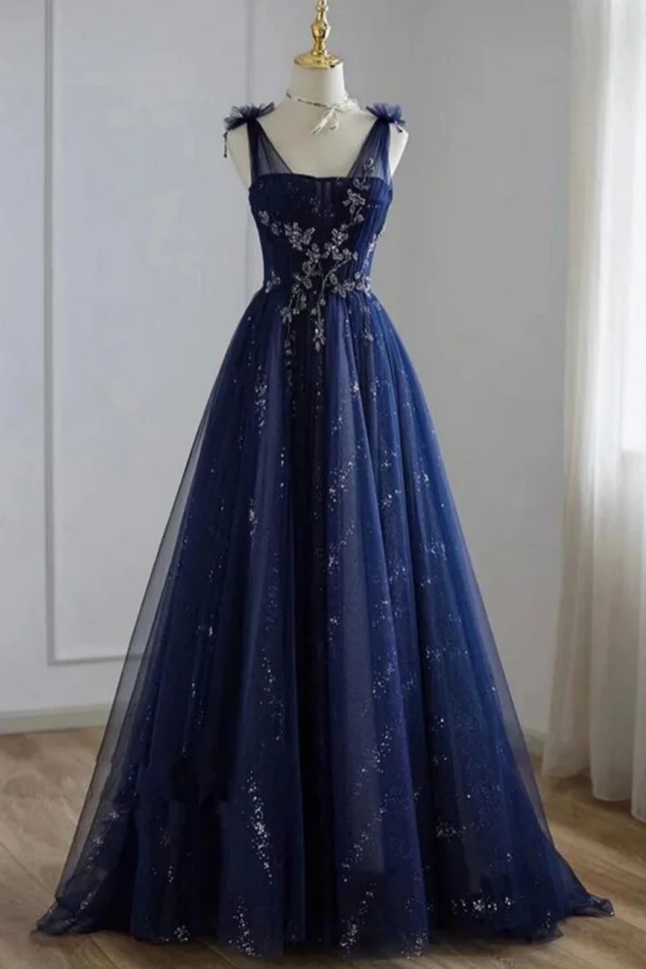 A-line Navy Blue V Neck Tulle Prom Dresses on Luulla