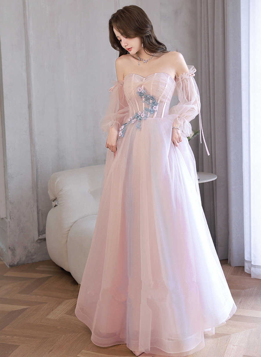 Off Shoulder A-line Light Pink Tulle Prom Dress With Lace on Luulla