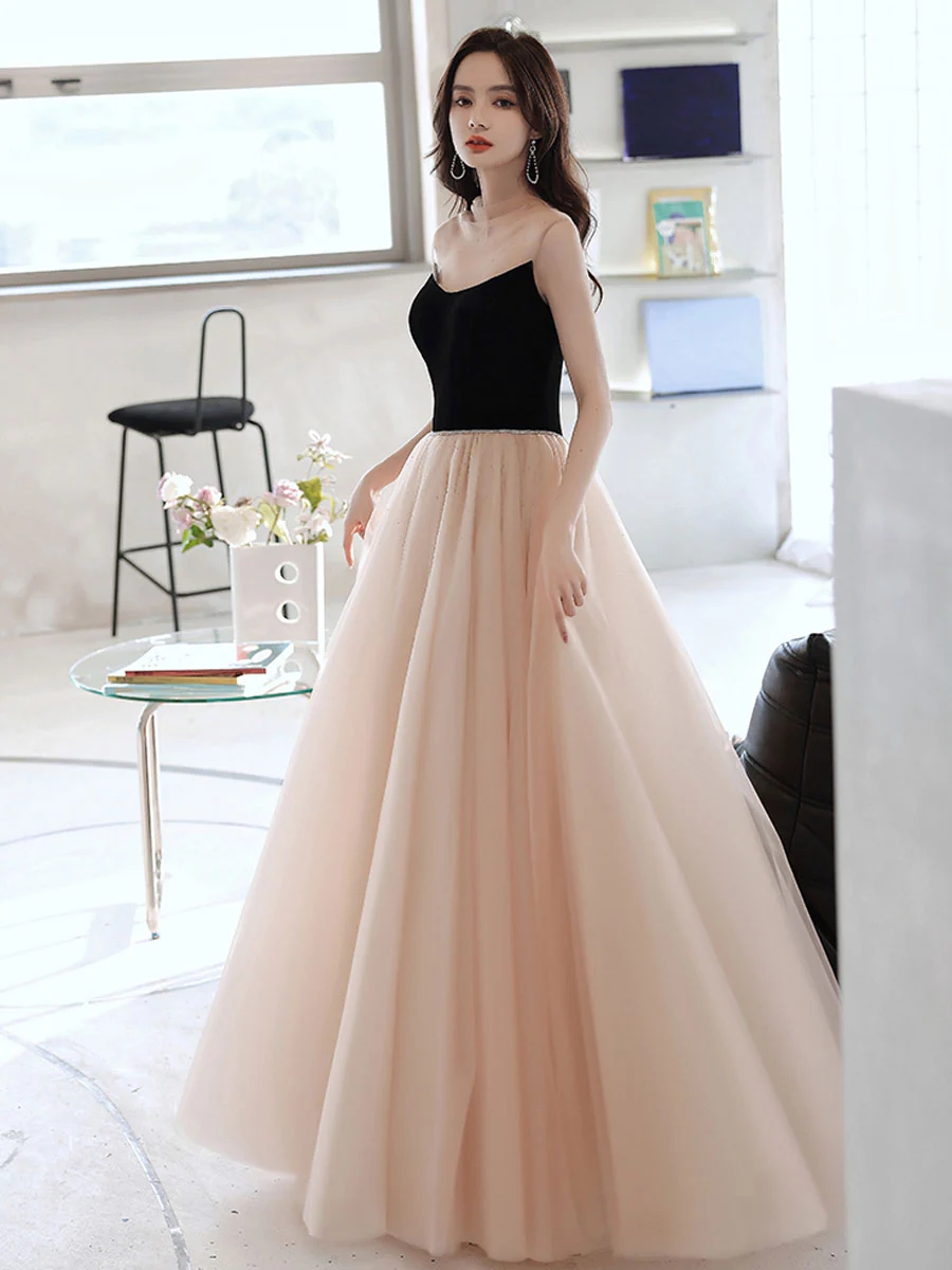 Black Bodice Peach Round Neck Tulle Formal Gown on Luulla