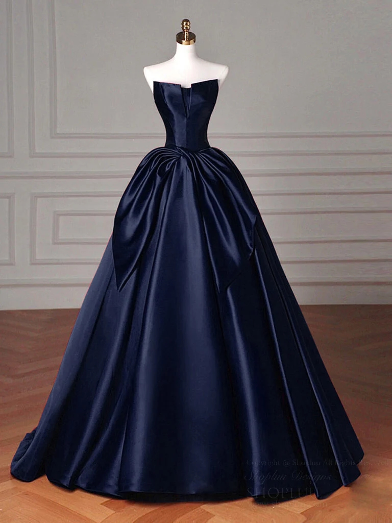 Midnight Blue Satin Ball Gown With Dramatic Pleats And Strapless Design ...