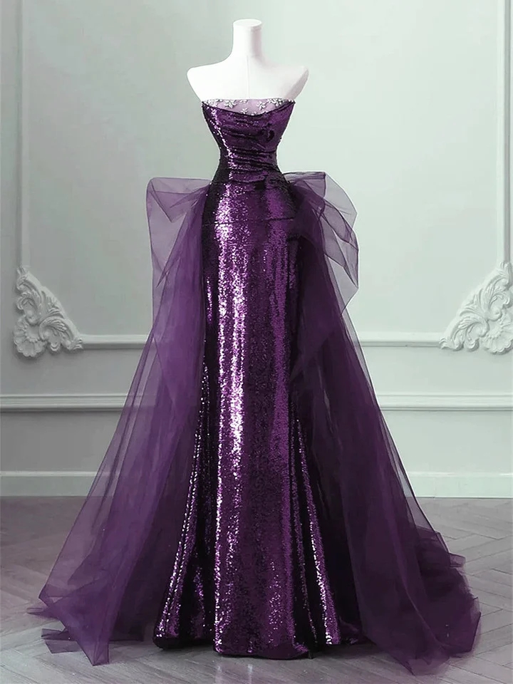 Purple Sequin Prom Dress Purple Strapless Evening Gown With Sheer Tulle ...