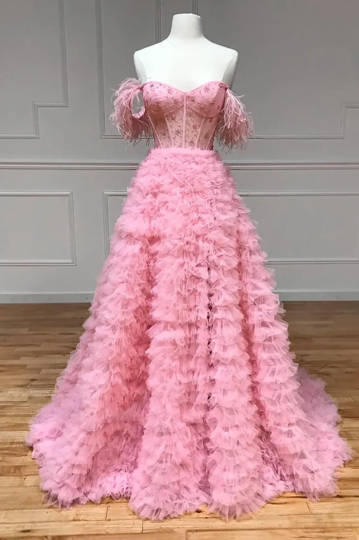 Stunning Pink Ruffled Prom Dress With Beaded Corset, Prom Dress 2025 on ...